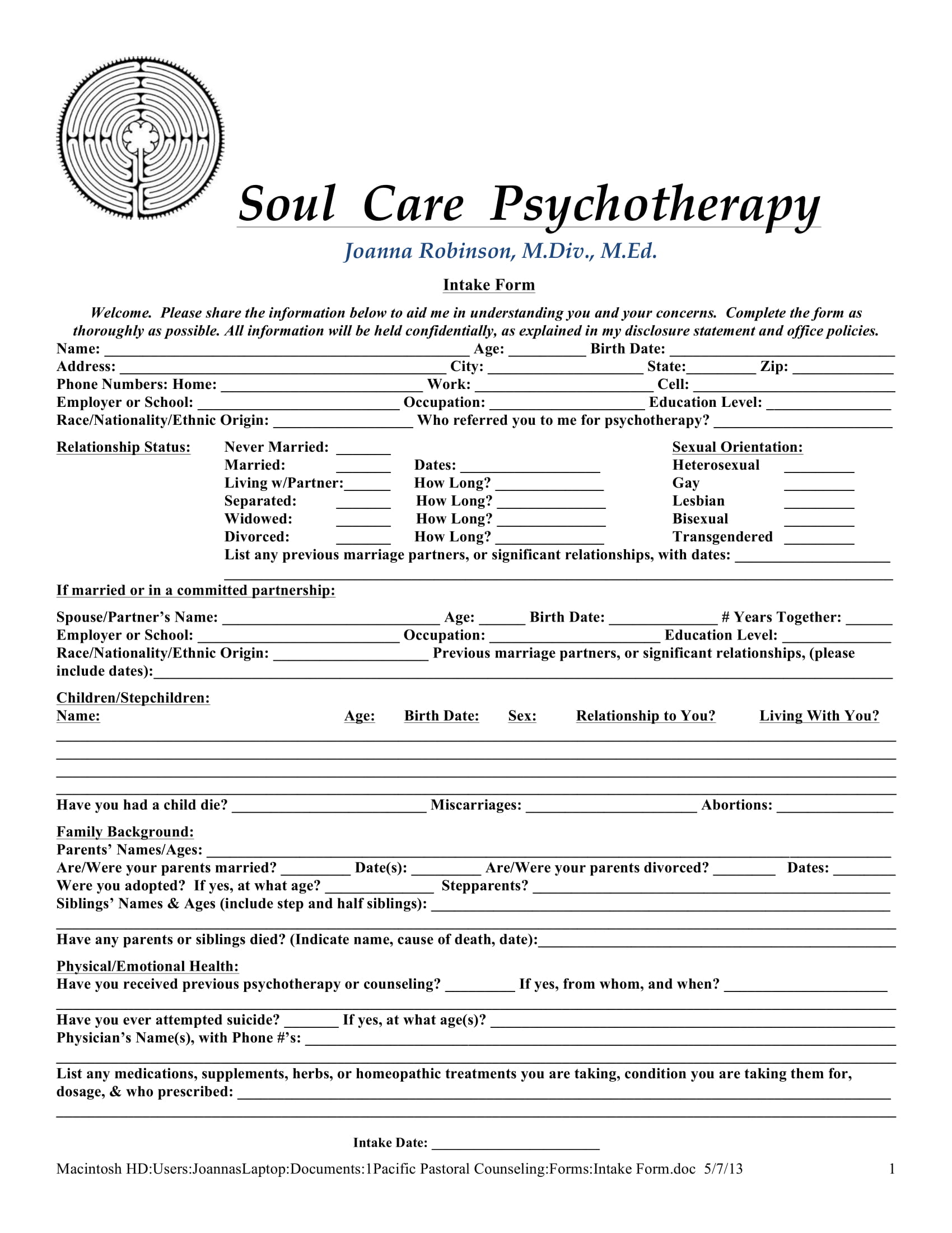 Psychotherapy Intake Form Template Free Sample Example Format Template