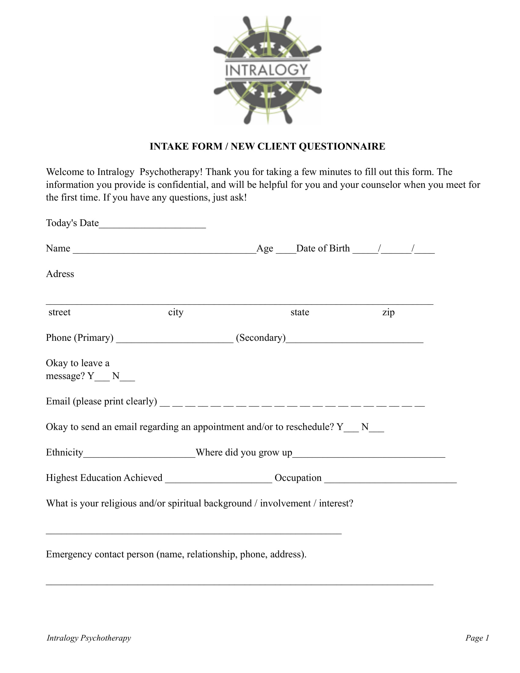 FREE 4+ Psychotherapy Intake Forms in PDF