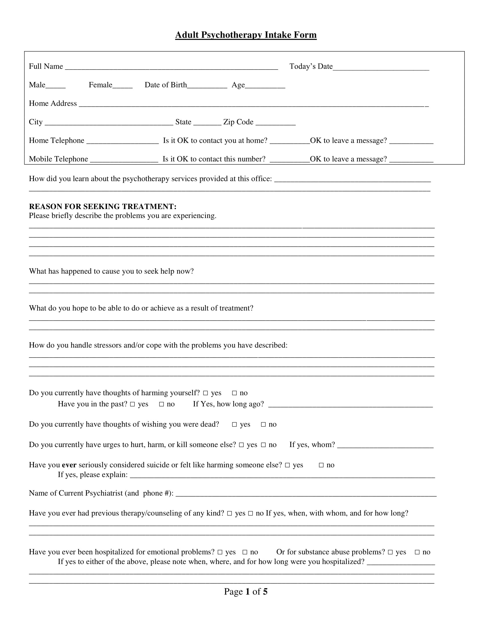 Fillable Psychotherapy Intake Form Printable Forms Free Online