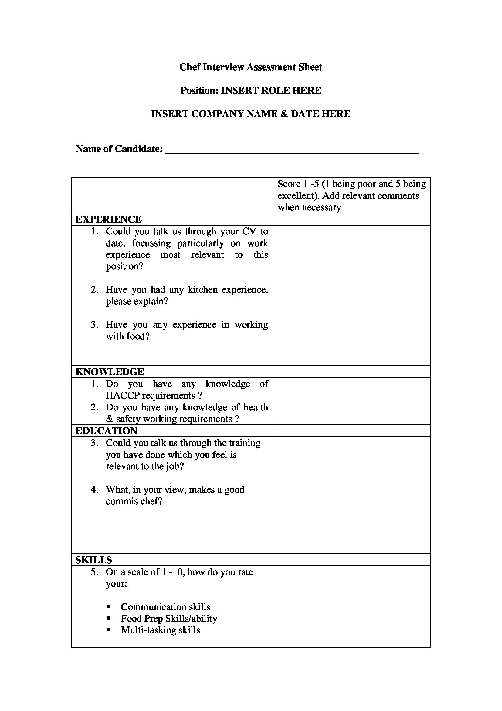 FREE 11+ Chef Evaluation Form Samples, PDF, MS Word, Google Docs, Excel