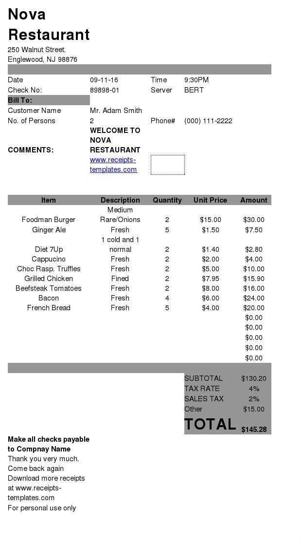 FREE 13+ Restaurant Receipt Form Samples, PDF, MS Word, Google Docs Excel