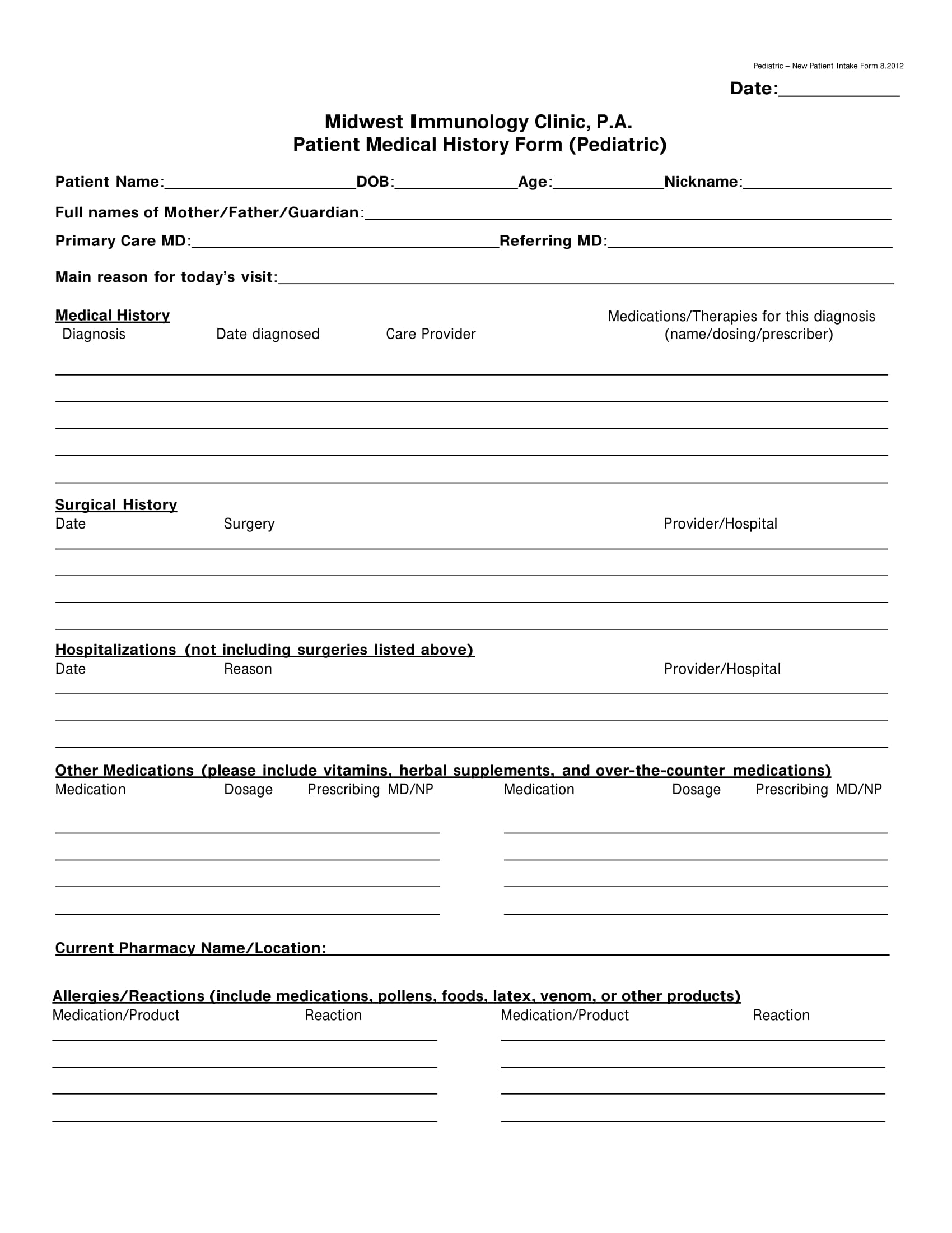 Free Printable Medical Intake Forms Printable Forms Free Online