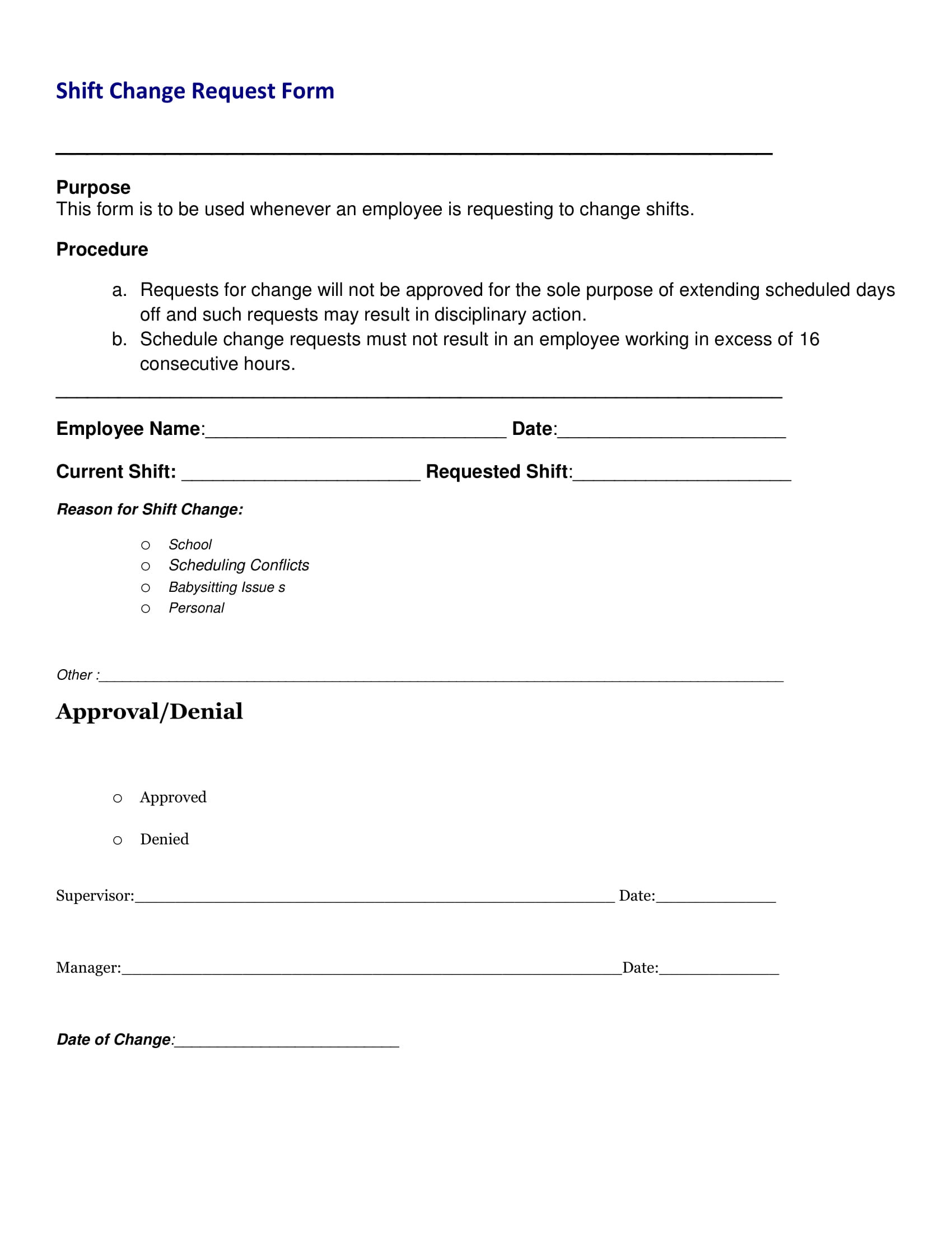 FREE 12+ Shift Change Request Form Samples, PDF, MS Word, Google Docs