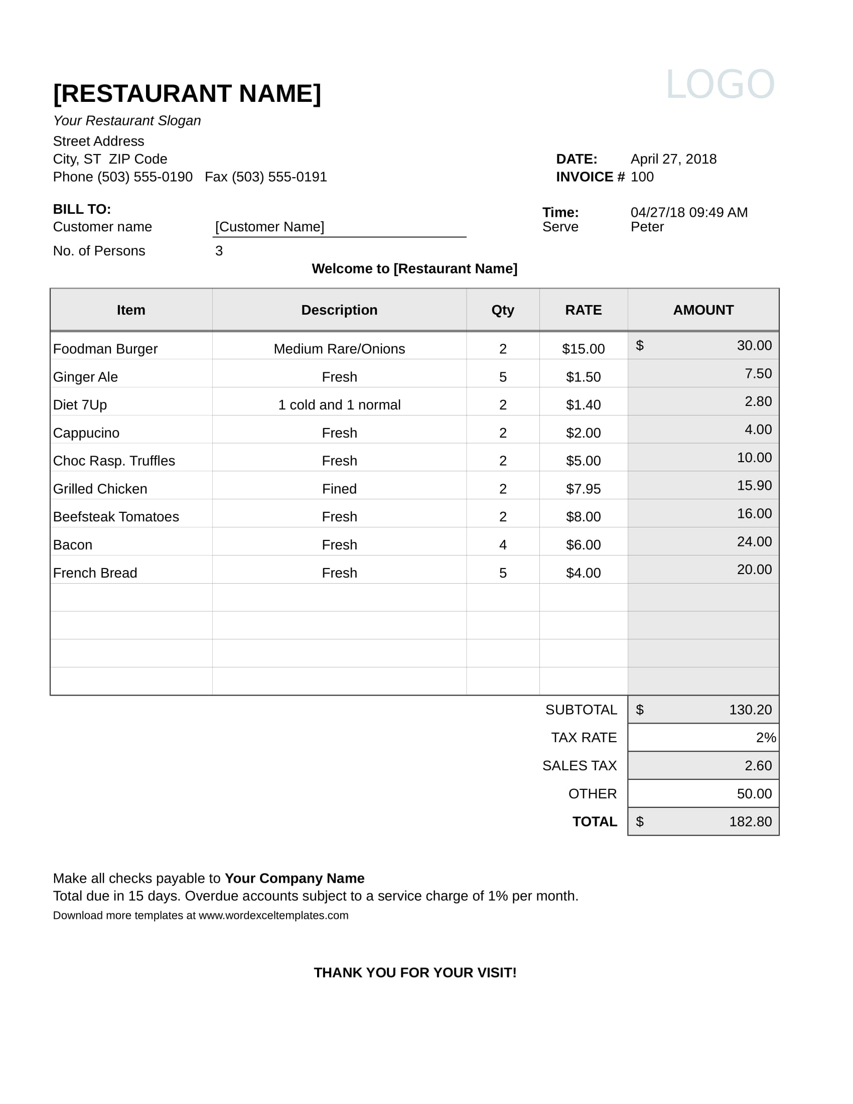 Restaurant Receipt Template Word Free Download