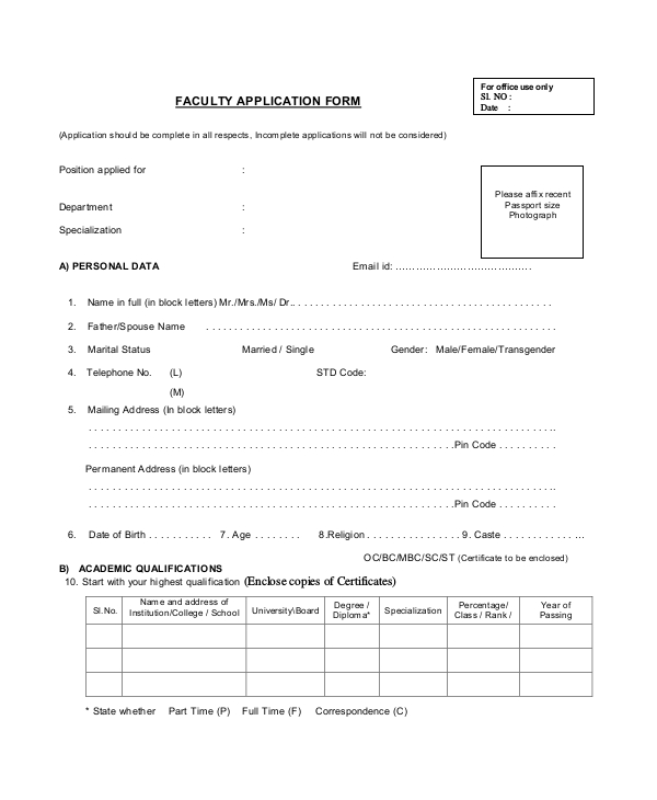 FREE 10+ Faculty Application Forms in PDF | MS Word