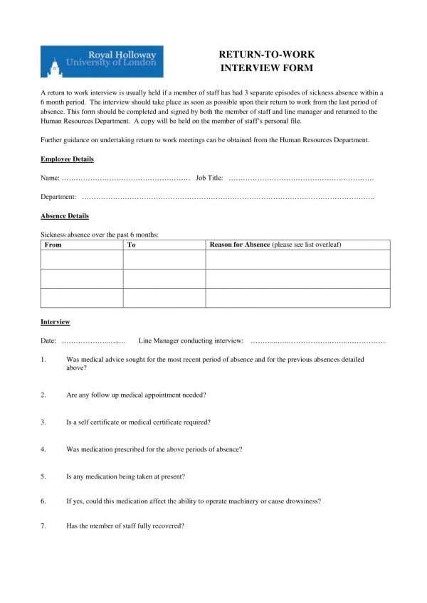 FREE 7+ Return to Work Forms in PDF | MS Word