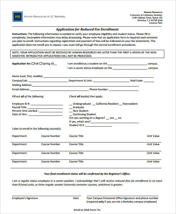 FREE 10+ Reduced Fee Enrollment Application Forms in PDF | MS Word