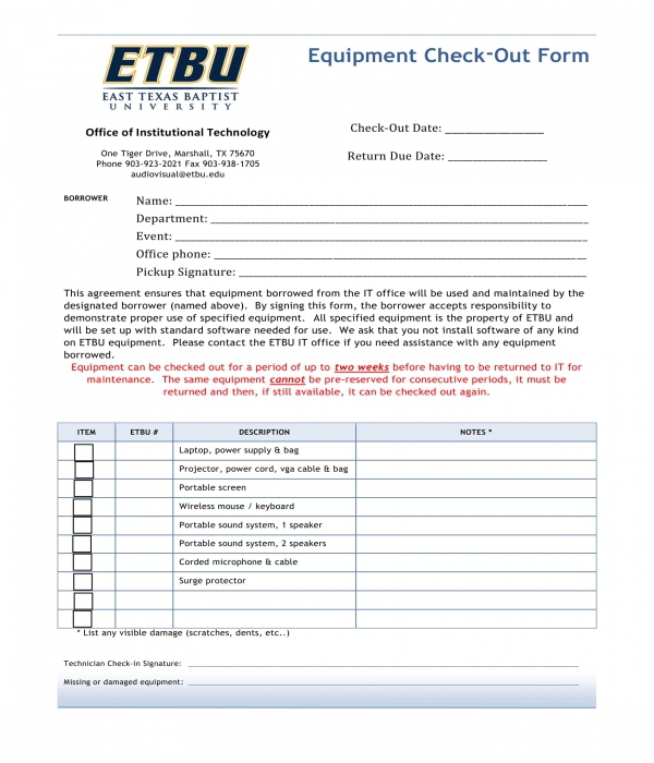 FREE 13+ Equipment Checkout Form Samples, PDF, MS Word, Google Docs, Excel