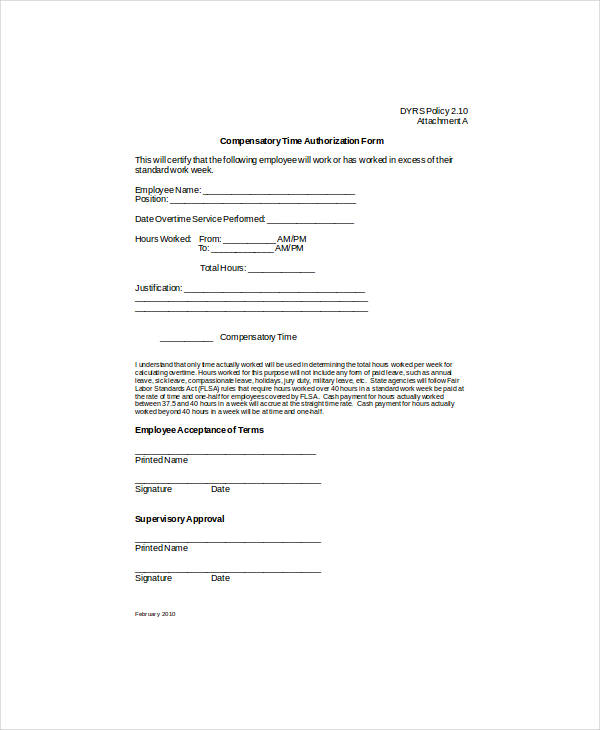 FREE 10+ Compensatory Time Authorization Forms in PDF | MS Word