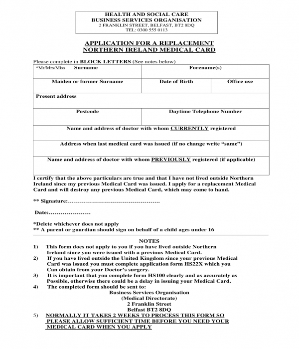 FREE 4+ Medical Card Application Forms in PDF
