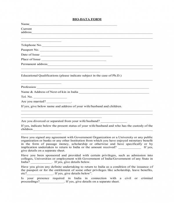 FREE 25+ Bio Data Form Samples, PDF, MS Word, Google Docs, Excel