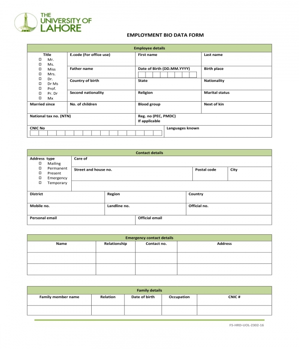 FREE 11+ Employee Bio-Data Form Samples, PDF, MS Word, Google Docs