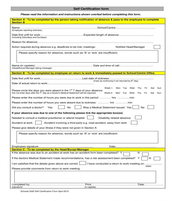 Printable Self Certification Form Nhs Printable Forms Free Online