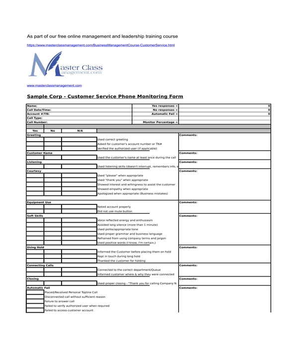 FREE 7+ Call Monitoring Evaluation Form Samples, PDF, MS Word, Google ...