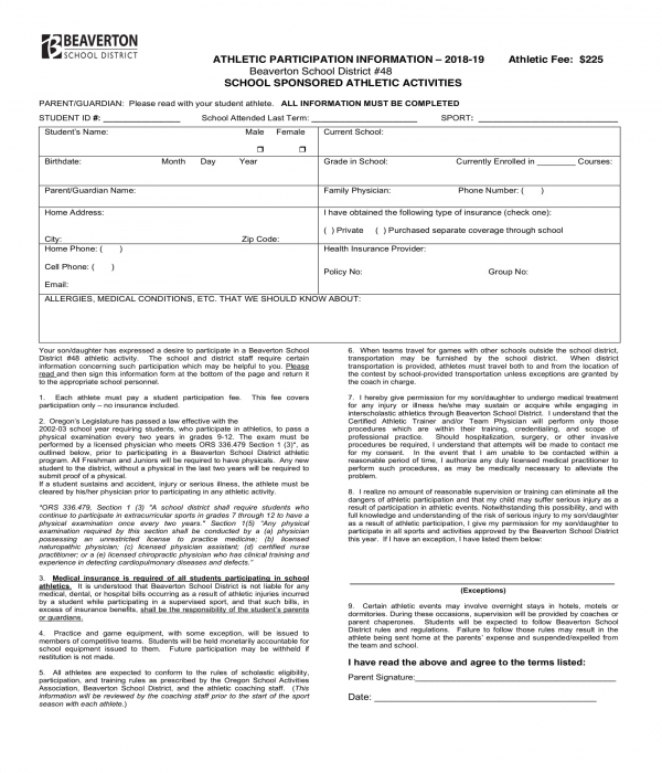 FREE 11+ Athletic Participation Forms in PDF | MS Word