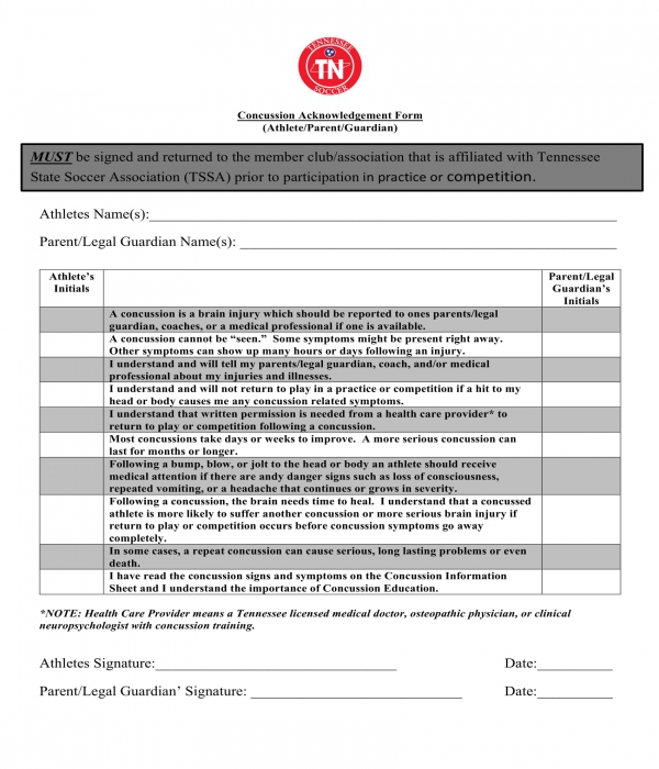 FREE 6+ Concussion Acknowledgment Forms in PDF | MS Word
