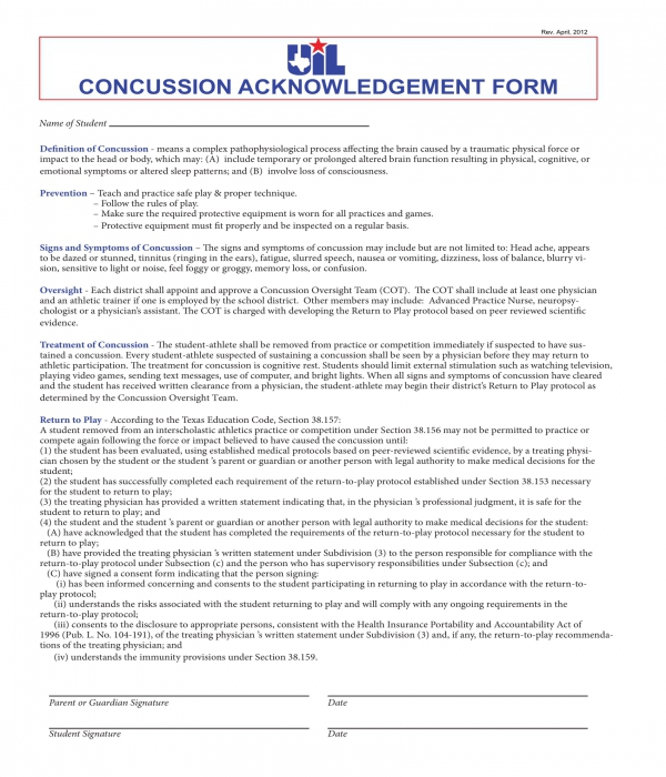 FREE 6+ Concussion Acknowledgment Forms in PDF | MS Word