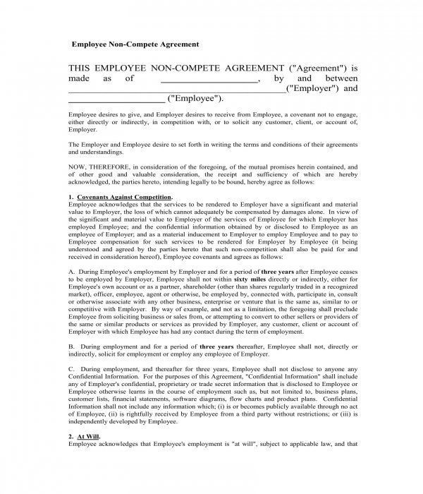 FREE 3+ Employee Non-Compete Agreement Forms in PDF | MS Word