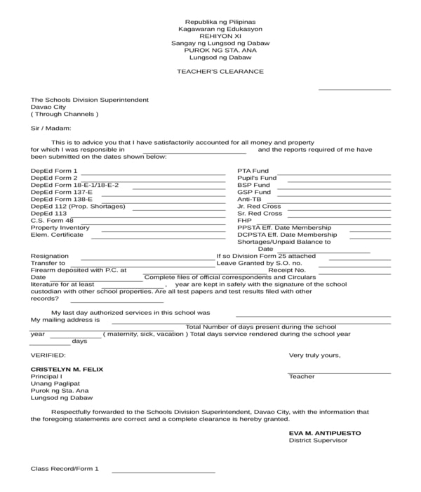 FREE 14+ School Clearance Form Samples, PDF, MS Word, Google Docs, Excel