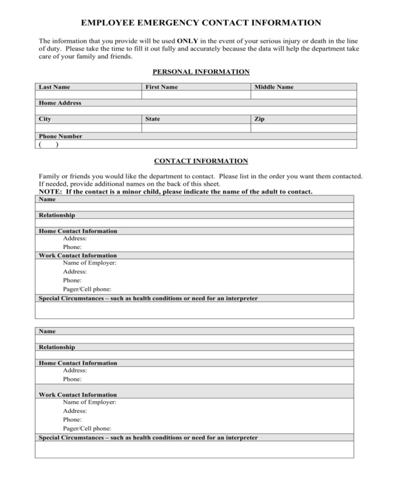 FREE 11+ Emergency Contact Information Forms in PDF | MS Word | Excel