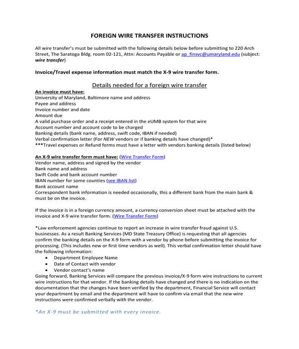 FREE 13+ Wire Transfer Instructions Form Samples, PDF, MS Word, Google Docs