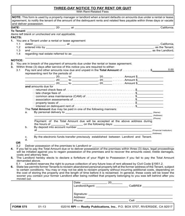 FREE 8+ Three-Day Notice to Pay Rent or Quit Forms in PDF | MS Word