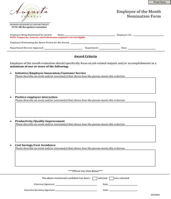 Employee Of The Month Criteria Template