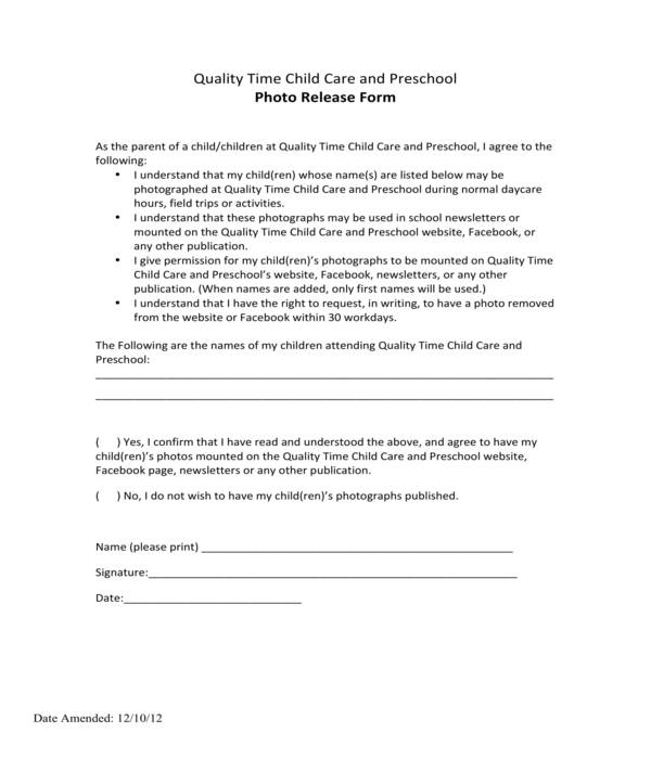 FREE 11+ Daycare Photo Release Forms in PDF | MS Word