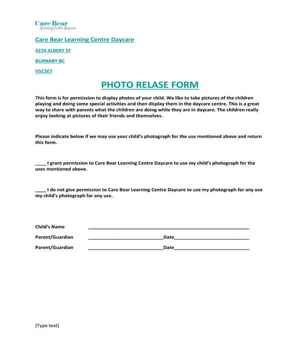 FREE 11+ Daycare Photo Release Forms in PDF | MS Word