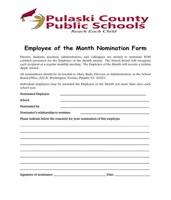 Printable Employee Of The Month Nomination Form Printable Word Searches