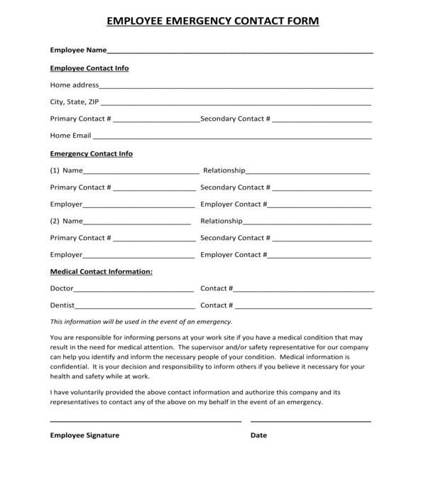 FREE 13+ Employee Emergency Contact Form Samples, PDF, MS Word, Google ...