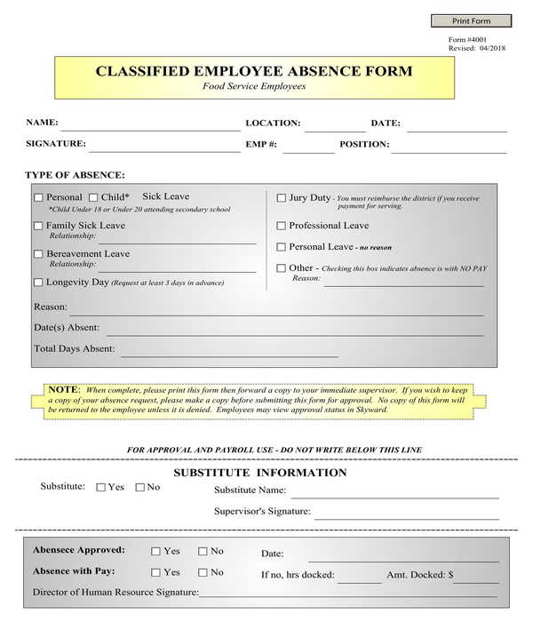 Printable Absence Form For Employees Printable Forms Free Online