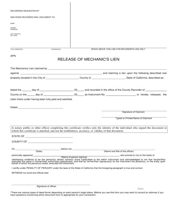 FREE 5+ Contractor's Mechanic's Lien Release Forms in PDF