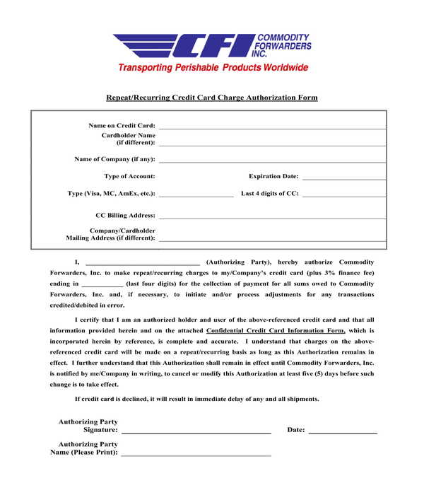 FREE 7+ Recurring Credit Card Authorization Forms in PDF | MS Word