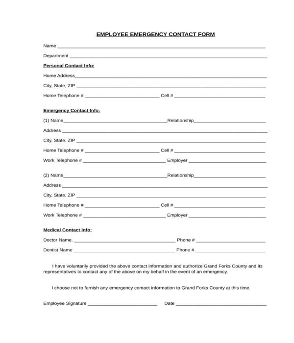 FREE 13+ Employee Emergency Contact Form Samples, PDF, MS Word, Google ...
