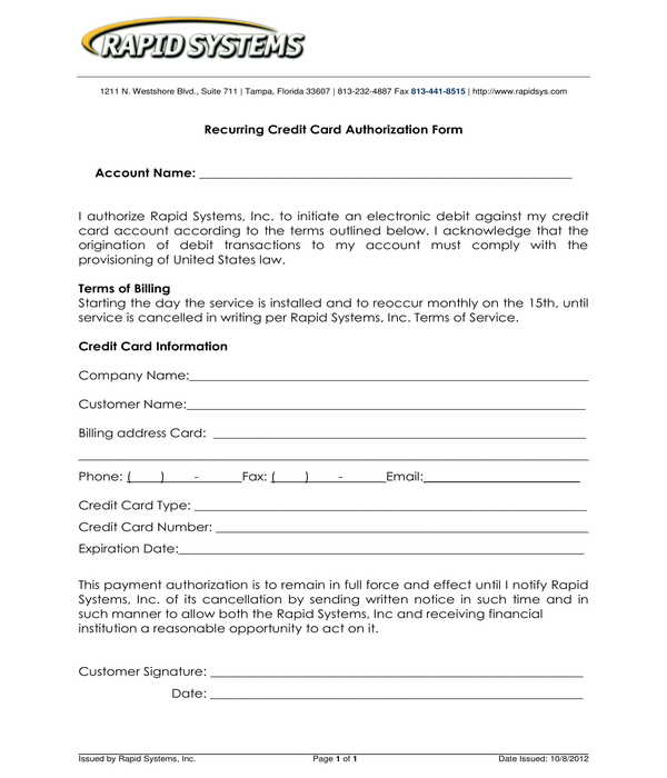 FREE 7+ Recurring Credit Card Authorization Forms in PDF | MS Word