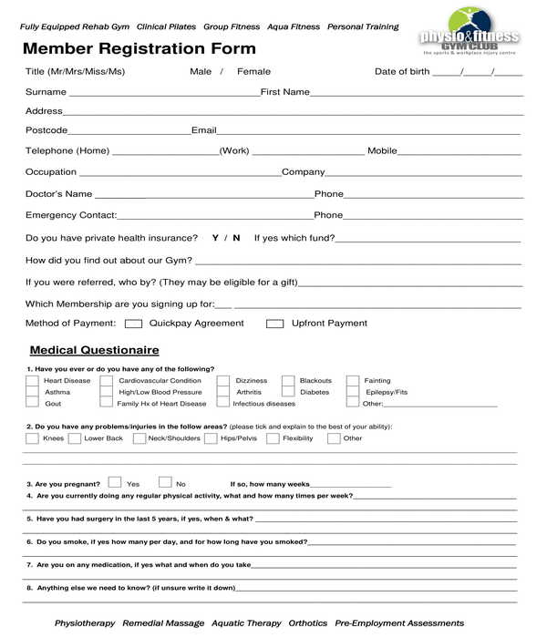 FREE 10+ Gym Registration Form Samples, PDF, MS Word, Google Docs