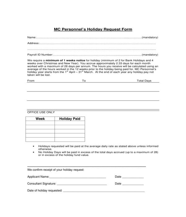 FREE 11+ Holiday Request Forms in PDF | MS Word | Excel