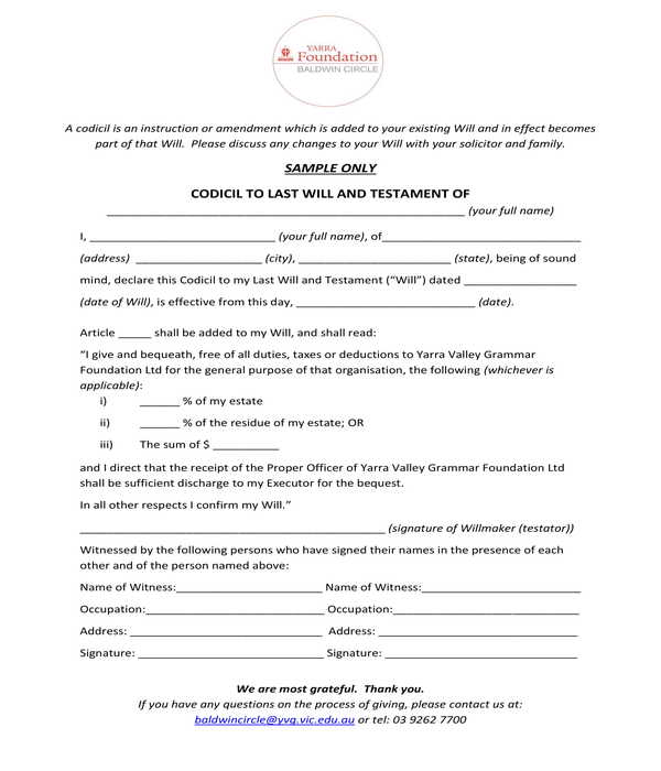 FREE 8+ Codicil to Will Forms in PDF | MS Word