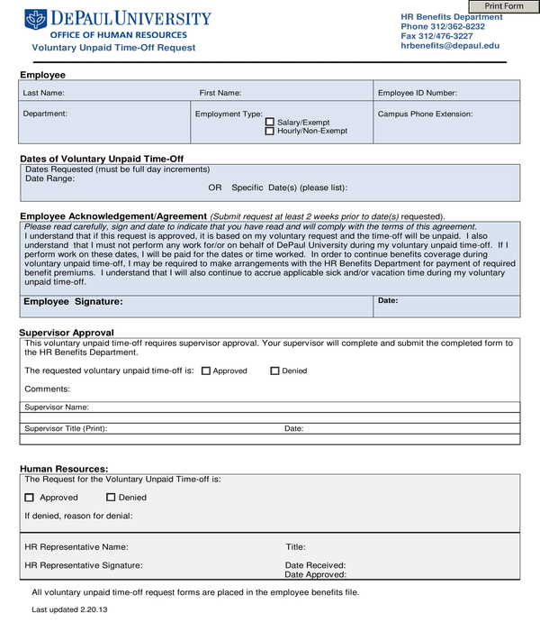FREE 6+ Employee Time Off Request Forms in PDF | MS Word | Excel
