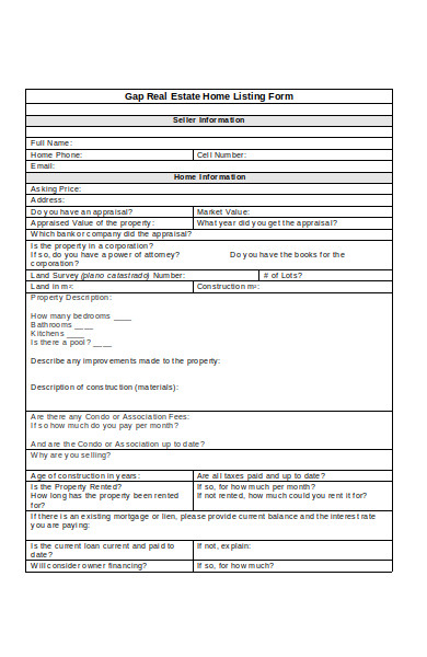 FREE 4+ Real Estate Listing Information Forms in PDF | MS Word
