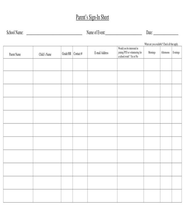 FREE 12+ Parent Sign In Sheet Samples, PDF, MS Word, Google Docs, Excel