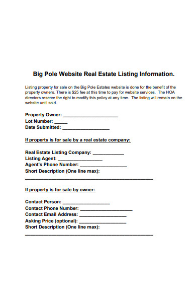 FREE 4+ Real Estate Listing Information Forms in PDF | MS Word