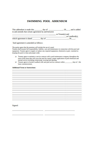 FREE 4+ Swimming Pool Lease Addendum Forms in PDF | MS Word