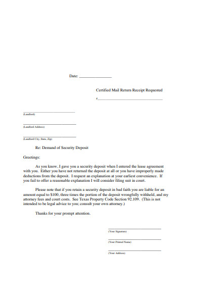 FREE 6 Security Deposit Return Letters In PDF MS Word