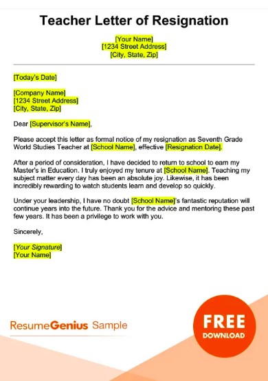 FREE 11+ Teacher Resignation Letter Samples, PDF, MS Word, Google Docs