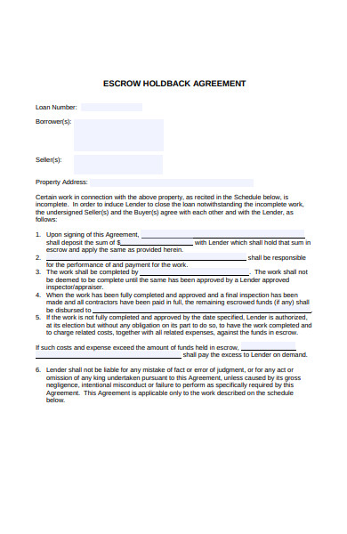 FREE 2+ Escrow Holdback Agreement Addendum Sample Forms in PDF | MS Word