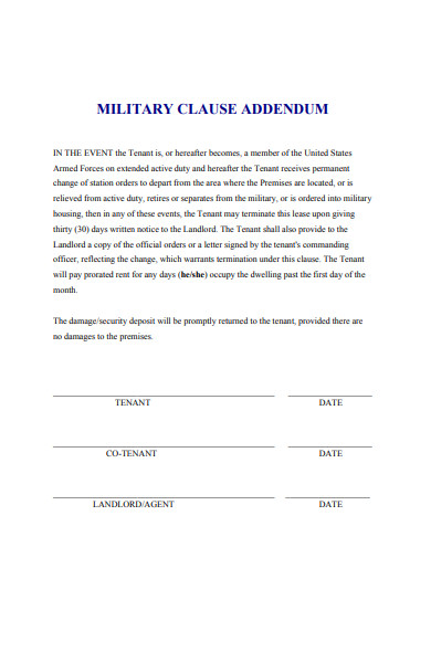 FREE 3+ Military Clause Addendum Forms in PDF | MS Word