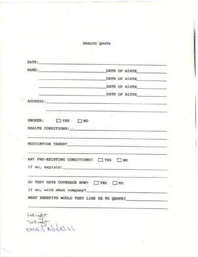 FREE 4+ Health Insurance Quote Forms in PDF | Excel