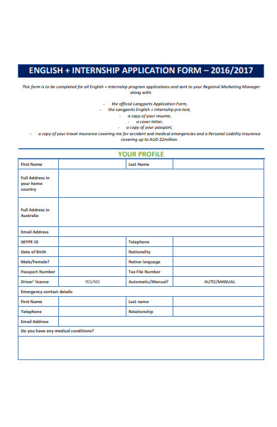FREE 46+ Internship Application Forms in PDF | MS Word